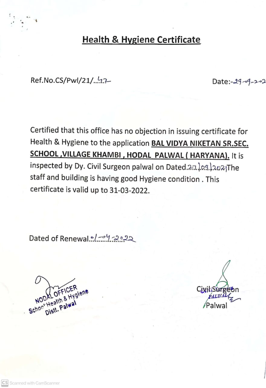 Health And Hygiene Certificate BVN Sr Sec School Khambi Palwal Health And Hygiene Certificate BVN Sr Sec School Khambi Palwal